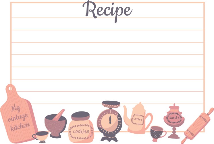 Recipe card with kitchen items and lines Vector Image