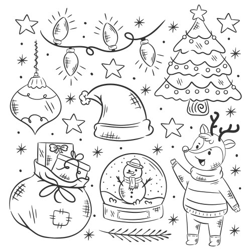 Hand Drawn Christmas Ornament Collection Coloring Vector Image