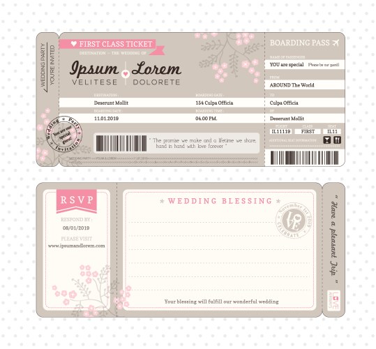 Boarding pass wedding invitation template Vector Image