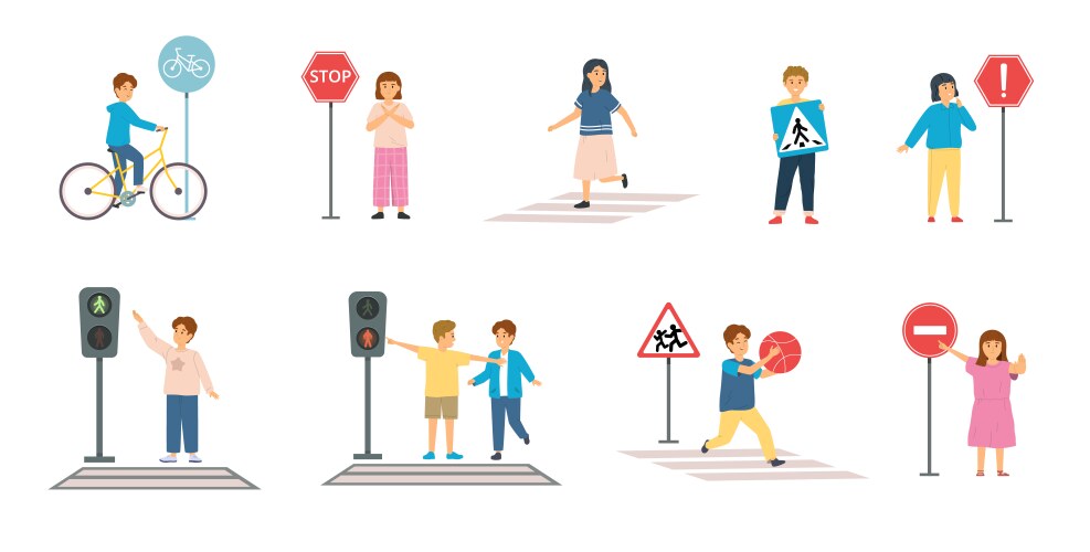 Students use a crosswalk Royalty Free Vector Image