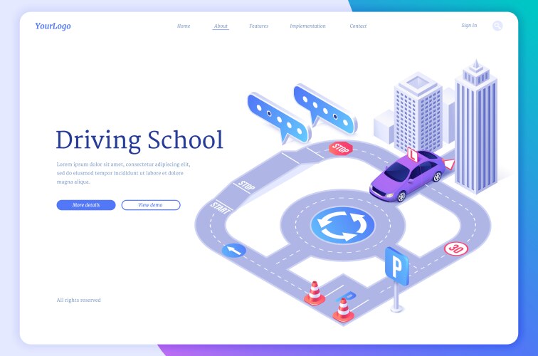 Driving school set flat isolated Royalty Free Vector Image