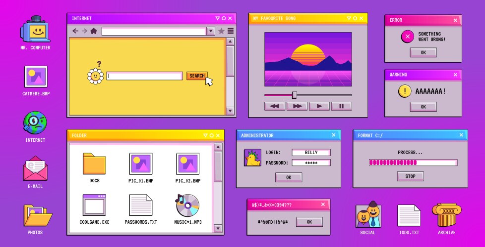 Big set of retro vaporwave desktop browser Vector Image Big set of retro vaporwave desktop browser Vector Image
