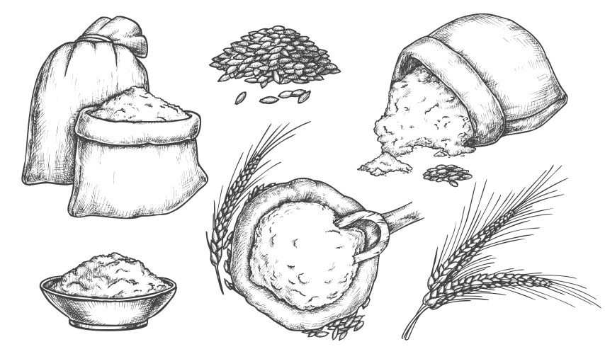 Wheat bag of flour and wooden scoop Royalty Free Vector