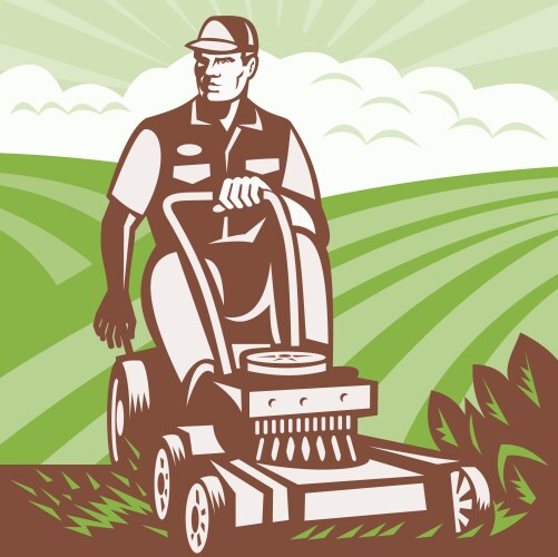 Gardener mowing lawn mower cartoon Royalty Free Vector Image