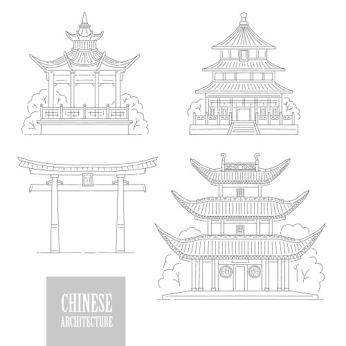 Ancient chinese architecture buildings icons set Vector Image