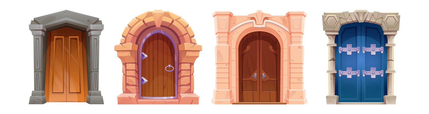 Wooden front doors with stone frame Royalty Free Vector