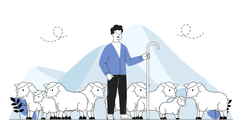 Shepherd with a herd goats and sheep Royalty Free Vector