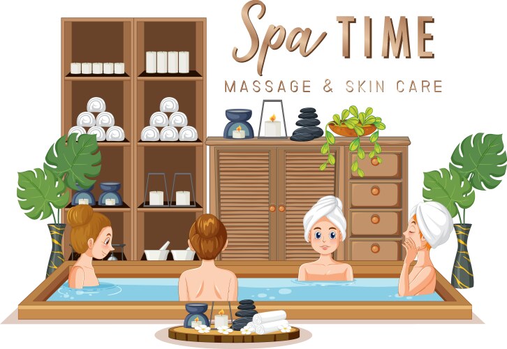 Spa time text with women in bathtub Royalty Free Vector