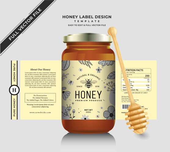 Honey label design bee glass jar sticker packaging