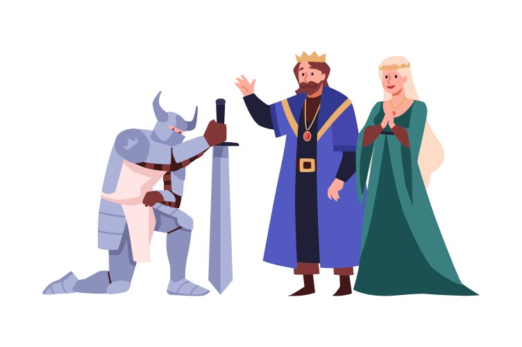 Cartoon king queen and knight in front a castle Vector Image