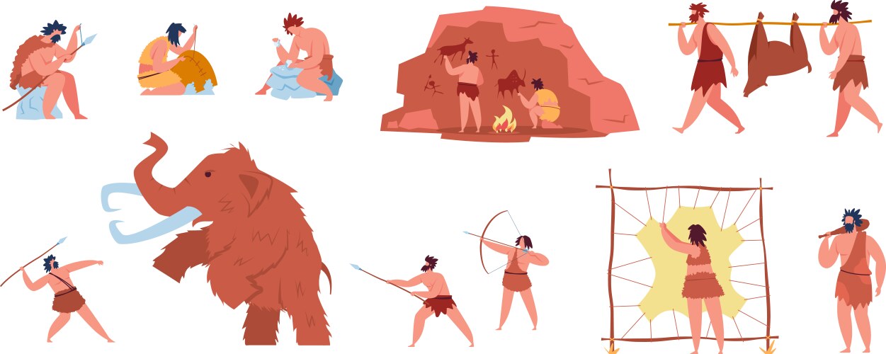 Primitive people carving composition Royalty Free Vector