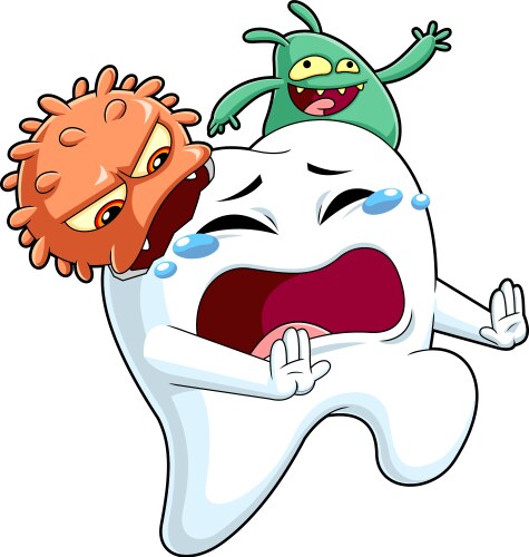 Outlined tooth cartoon character attacked by germs