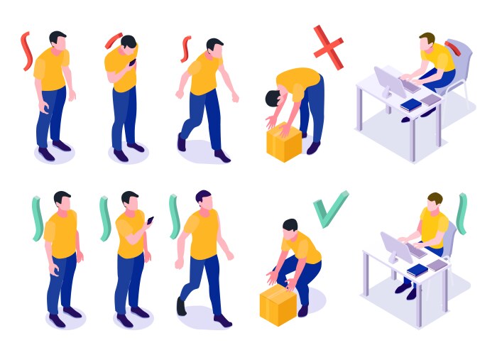 Correct and incorrect posture flat icons Vector Image