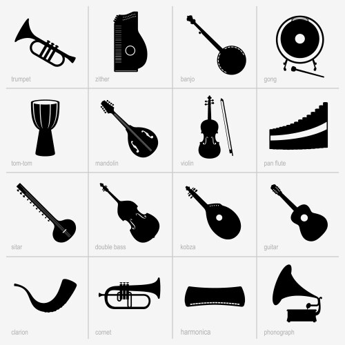 Assorted black musical instruments icons Vector Image