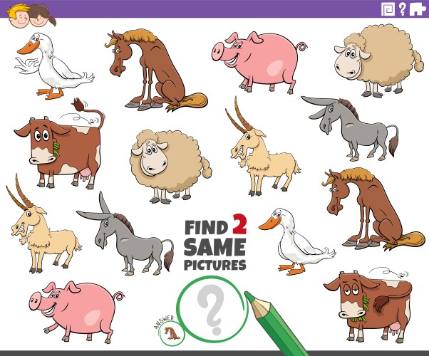 Find two same cartoon farm animals educational Vector Image