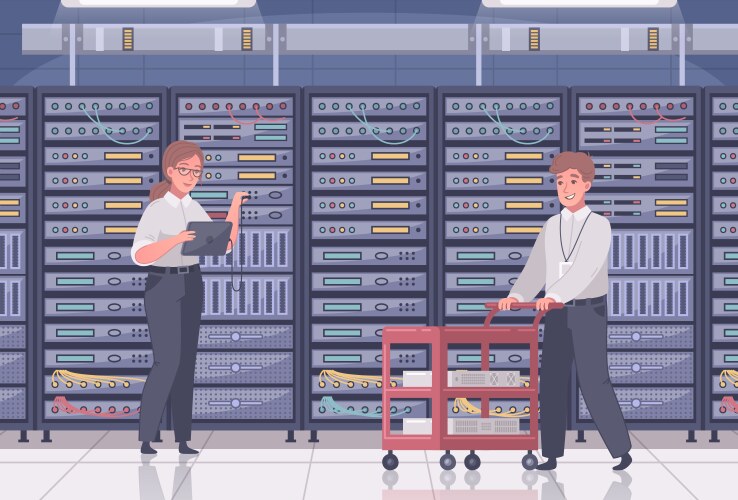 Cartoon data center composition Royalty Free Vector Image
