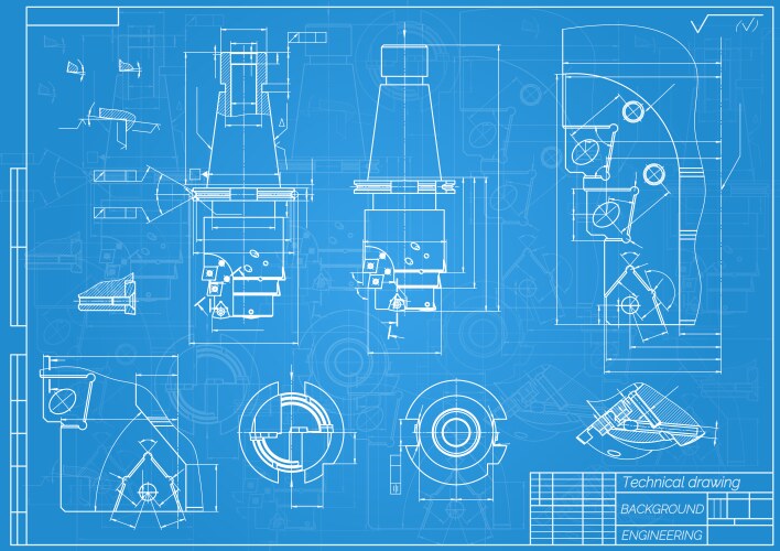 Mechanical engineering drawings on blue background