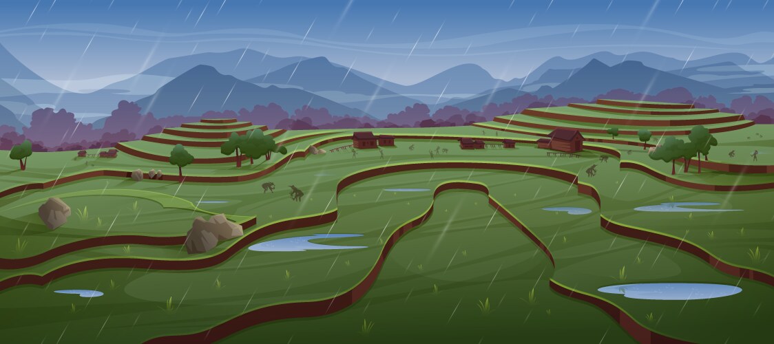 Cartoon color landscape scene chinese rice fields Vector Image