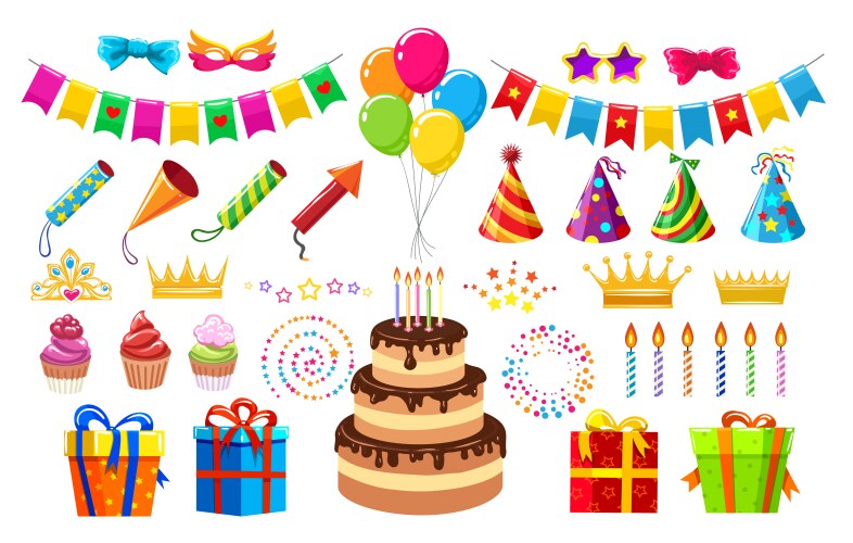 Cartoon birthday party decorations gifts presents Vector Image
