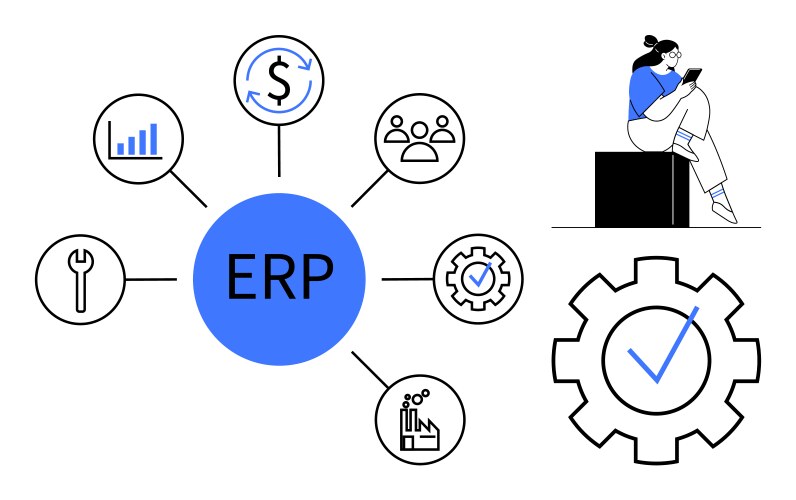 Erp system diagram with cogs target focus and Vector Image