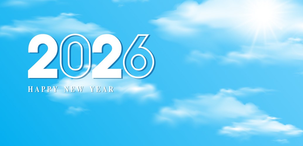 Happy New Year 2026 - Blue Sky & Clouds – Royalty-Free Vector | VectorStock