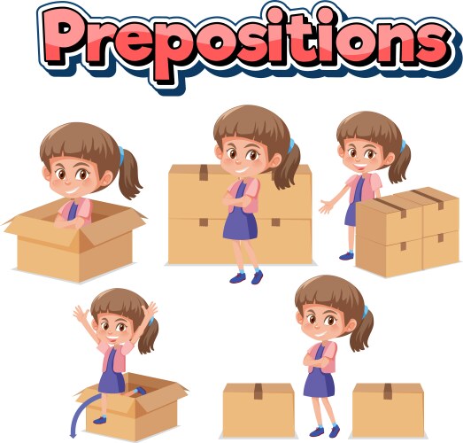 Preposition wordcard with girl and boxes Vector Image