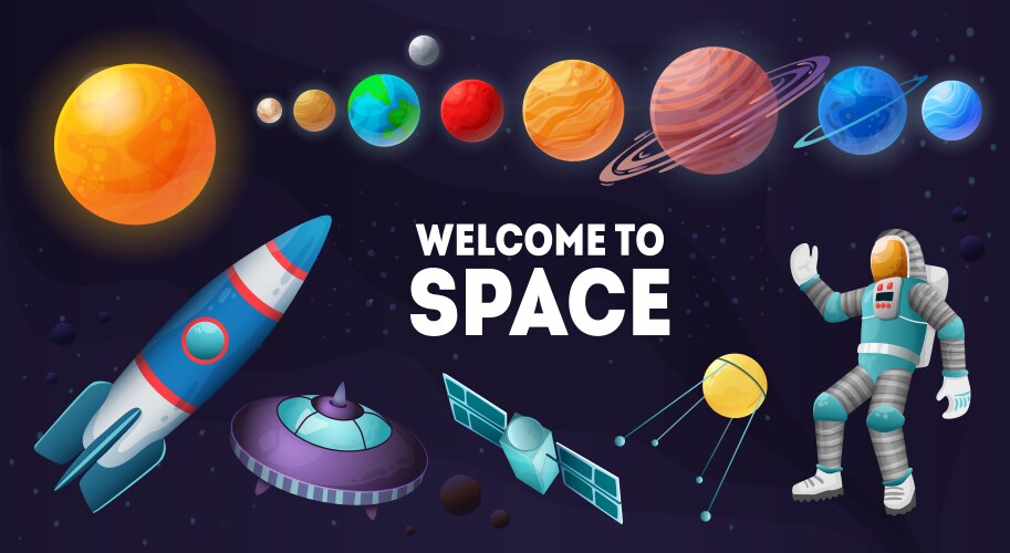 Space adventure set posters colorful Royalty Free Vector