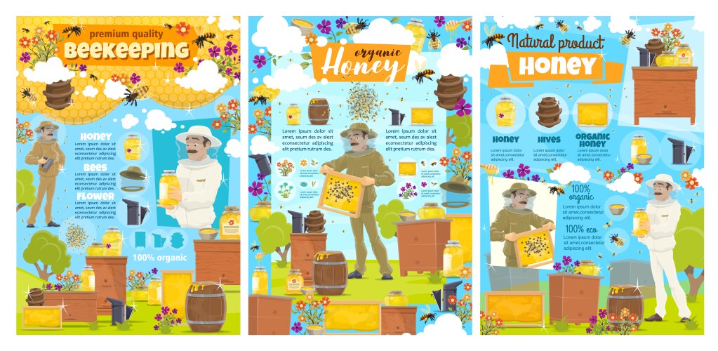 Beekeeping apiary posters retro honey honeycomb Vector Image