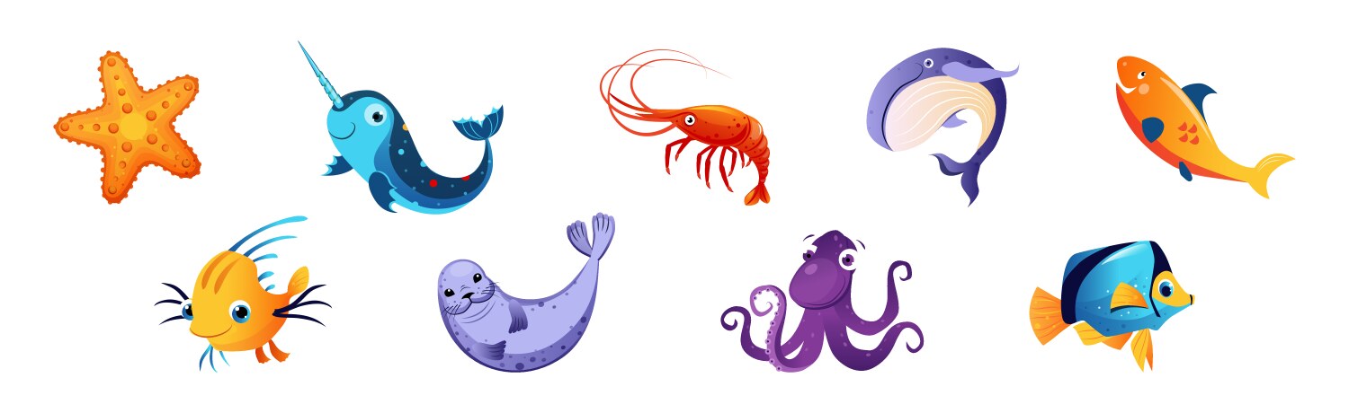 Cute sea animals and marine creature floating Vector Image