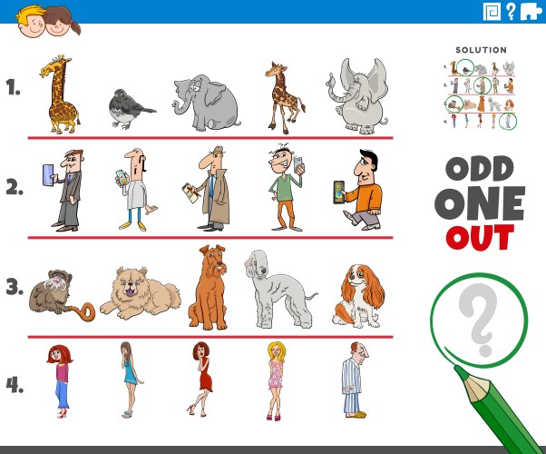 Odd one out activity game with cartoon characters Vector Image