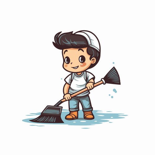 Outline of a boy sweeping the floor with broom Vector Image
