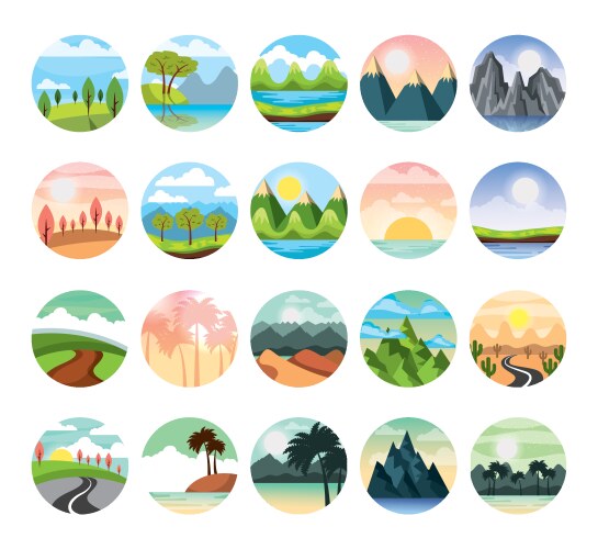 Nature landscape icons of mountains ocean Vector Image