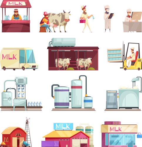 Milk factory set with automatic machines Vector Image