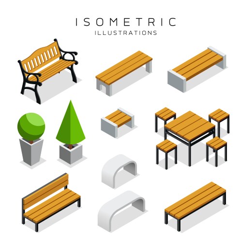 Isometric wooden bench collection Royalty Free Vector Image