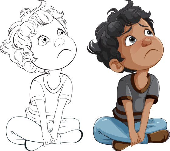 Two cartoon boys thinking looking upwards puzzled Vector Image