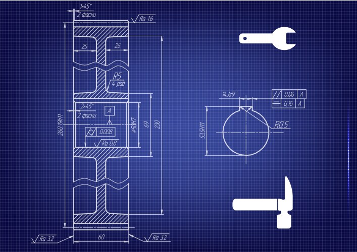 Machine-building drawings on a blue background Vector Image