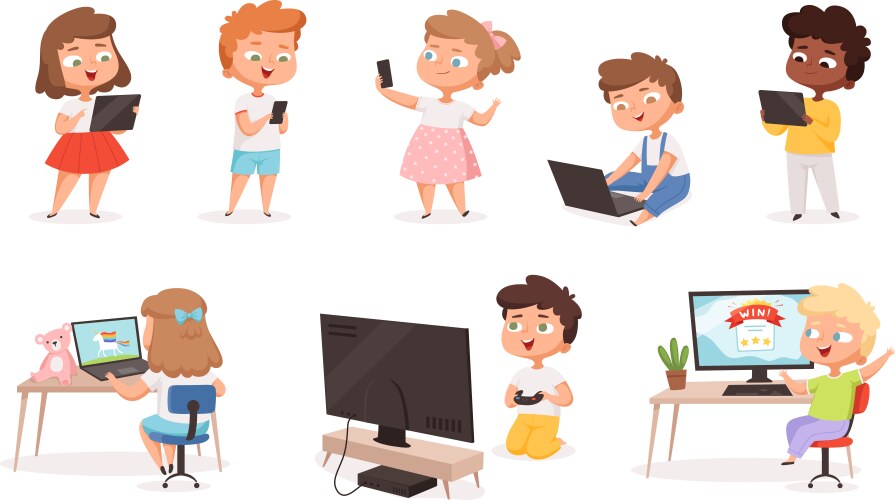 Kids using tablet with education icons Royalty Free Vector