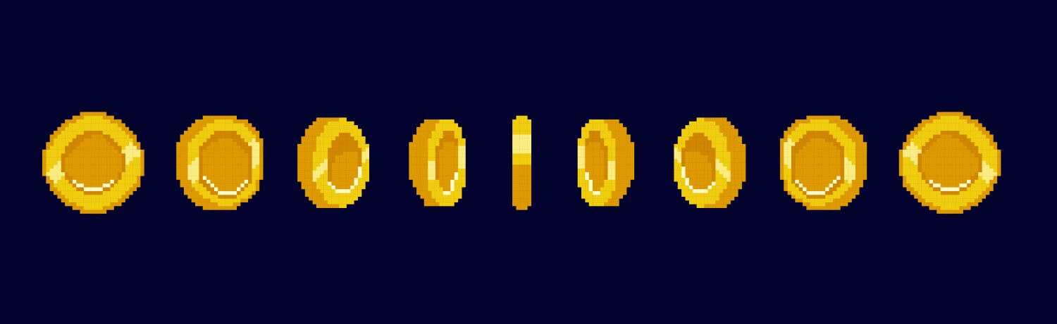 Pixel game coins animation golden pixelated coin Vector Image