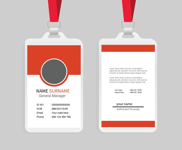 Red employee id card design template Royalty Free Vector