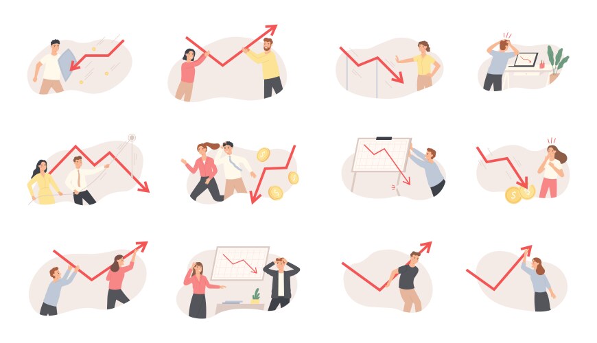 Finance decrease and crisis graph male female Vector Image