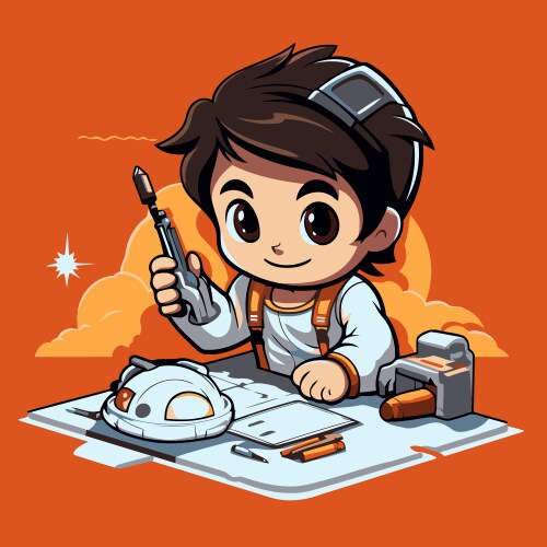 Cartoon boy builder building a wall Royalty Free Vector