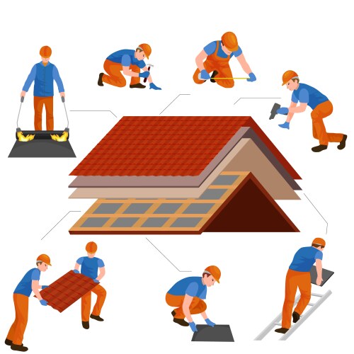 Roof construction workers characters conduct Vector Image