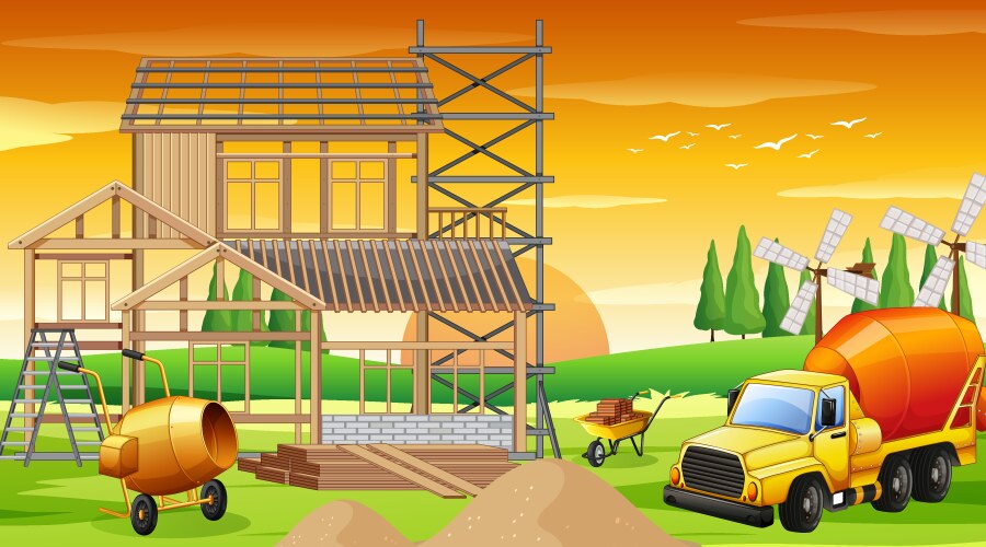 Cartoon scene of building construction site Vector Image