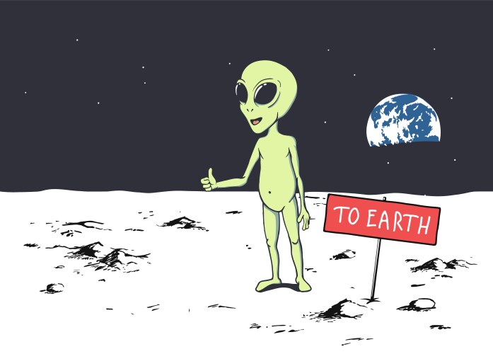 Cartoon alien overlooking planet earth Royalty Free Vector