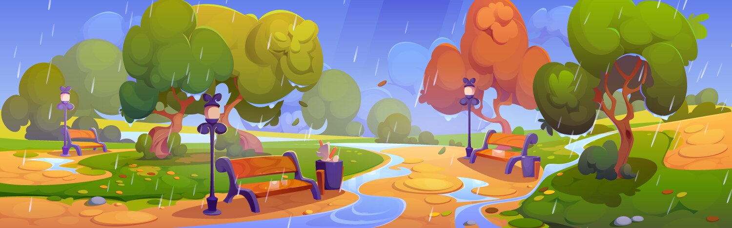 Park scene with children in the rain Royalty Free Vector