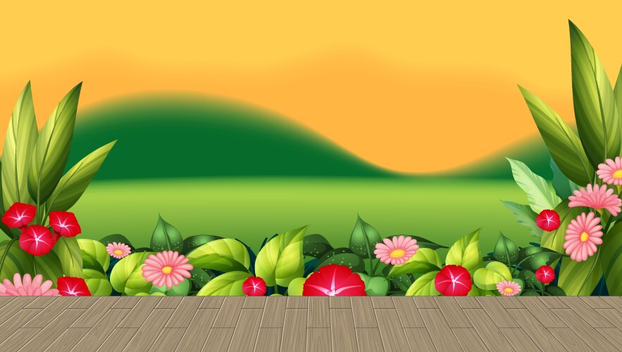 Nature scene with flower garden at sunset Vector Image