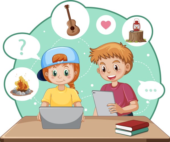 Children using laptop for online learning Vector Image