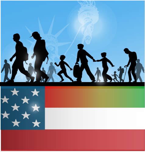 Immigration people walk under world map background