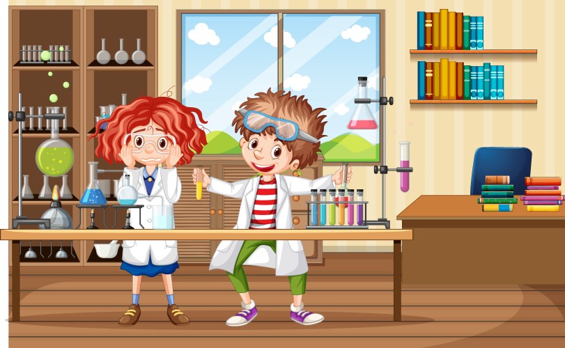Laboratory scene with scientist cartoon character Vector Image