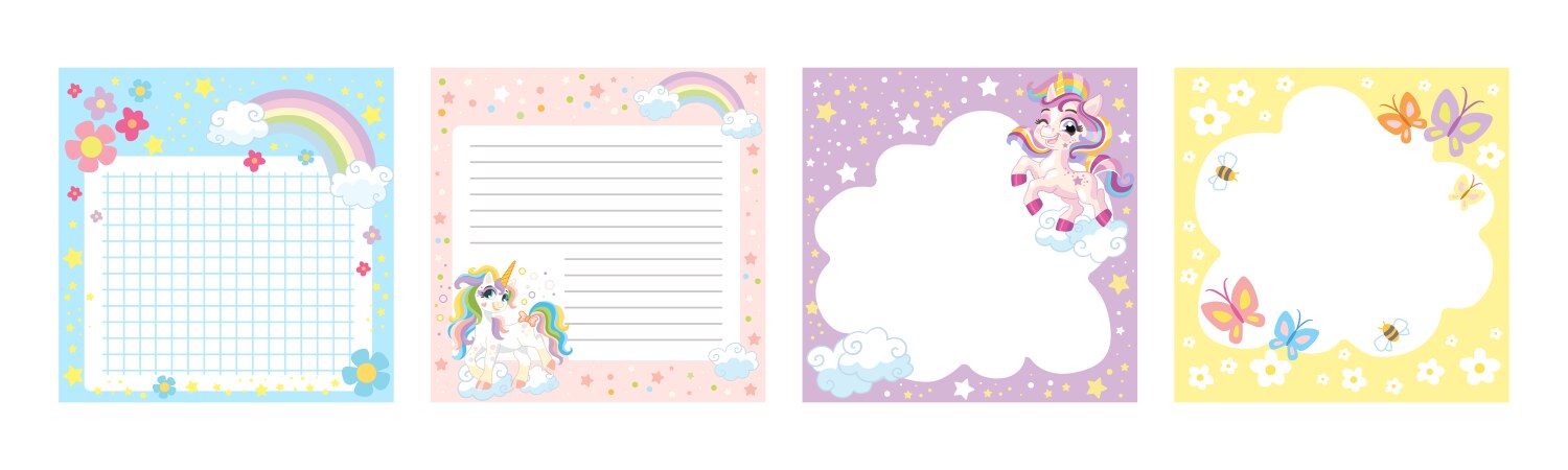 Cute set of unicorn note pages Royalty Free Vector Image